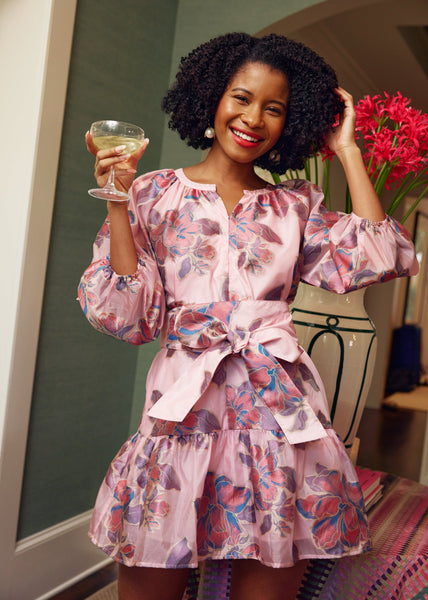 Elise Mini Dress in Pink Peony Organza | Over The Moon