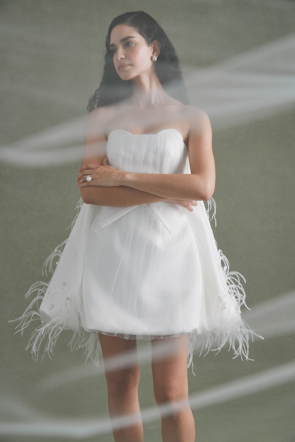 Cloud Dress in Ivory Satin with Feather Embellishment | Over The Moon