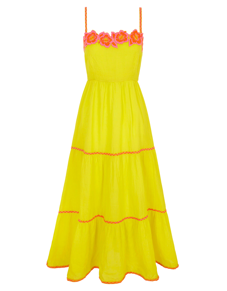 Embroidered Lemon Linen Loretta Dress | Over The Moon
