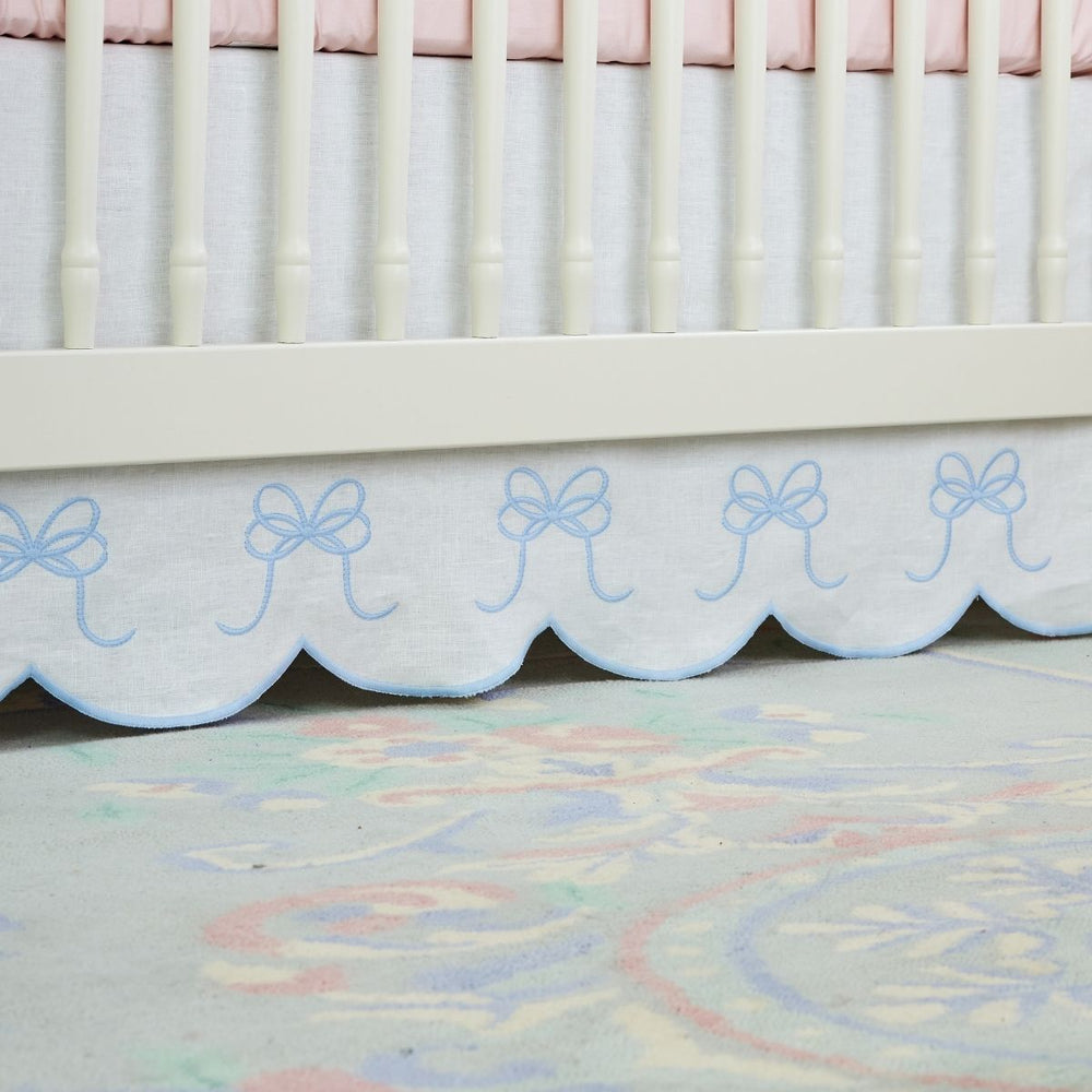 Bow Scalloped Crib Skirt in Soft Blue | Over The Moon