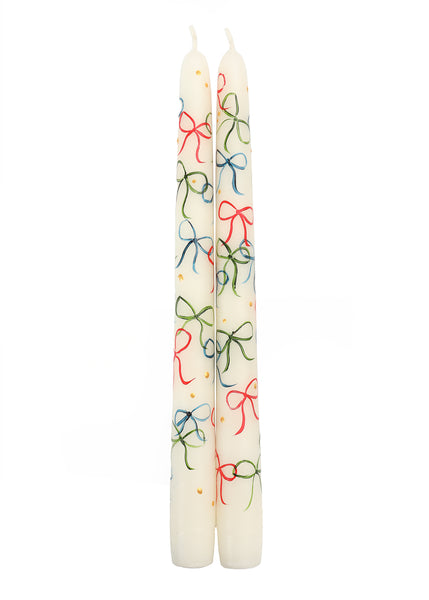 Festive Holiday Bows Taper Candles, Set of Two | Over The Moon