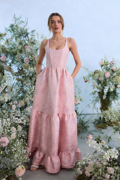 The Avery Dress in Light Pink Windsor Brocade | Over The Moon