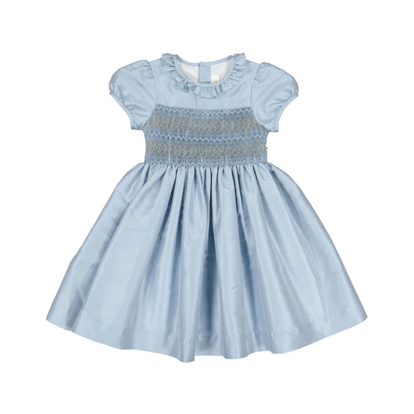 Astrid Blue Silk Smocked Girl Dress | Over The Moon