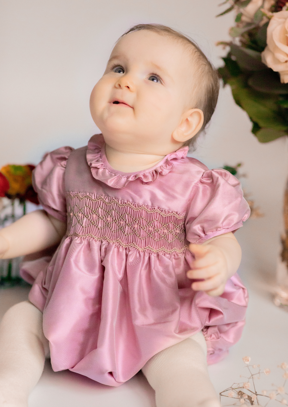 Astrid Pink Silk Smocked Baby Bubble | Over The Moon