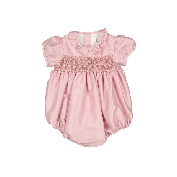 Astrid Pink Silk Smocked Baby Bubble | Over The Moon