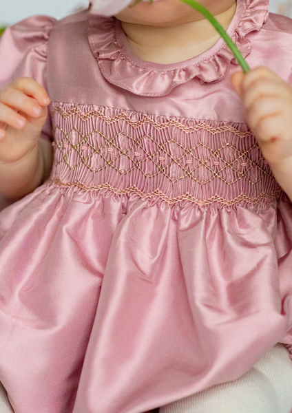 Astrid Pink Silk Smocked Baby Bubble | Over The Moon