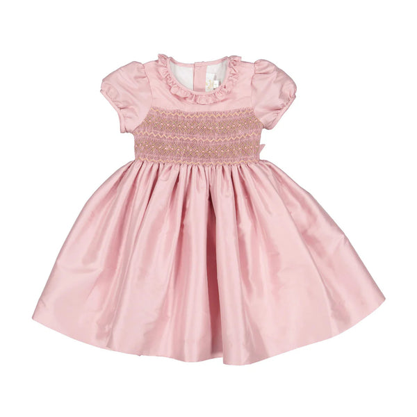 Astrid Pink Silk Smocked Girl Dress | Over The Moon