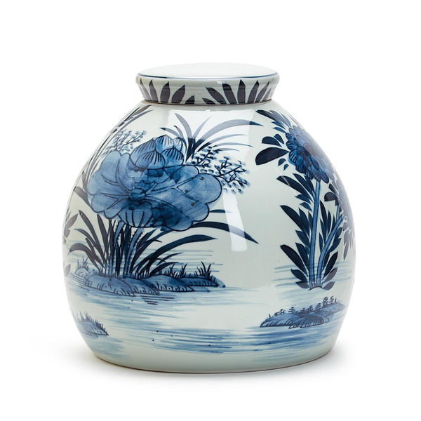 11" Blue and White Squat Covered Ginger Jar | Over The Moon