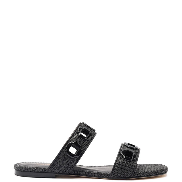 Milan Flat Mule In Black Wave Raffia | Over The Moon
