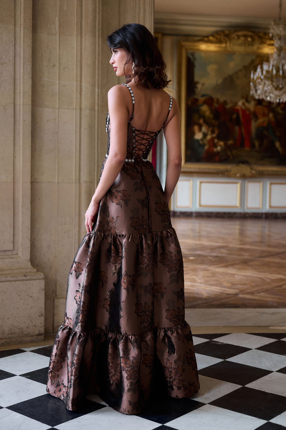 The Lucetta Dress in Cocoa Baroque Floral | Over The Moon