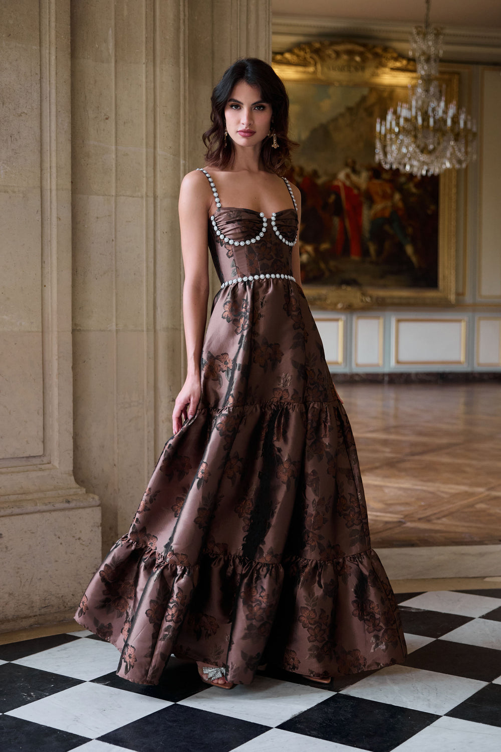 The Lucetta Dress in Cocoa Baroque Floral | Over The Moon