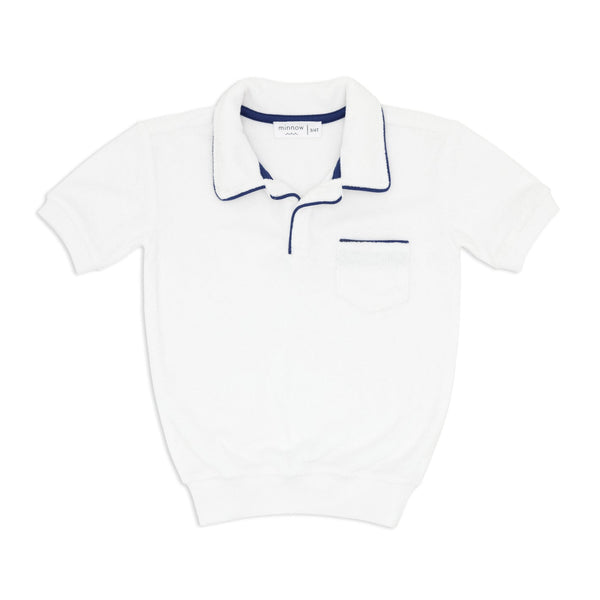 unisex white french terry polo with navy trim | minnow swim | Over The Moon