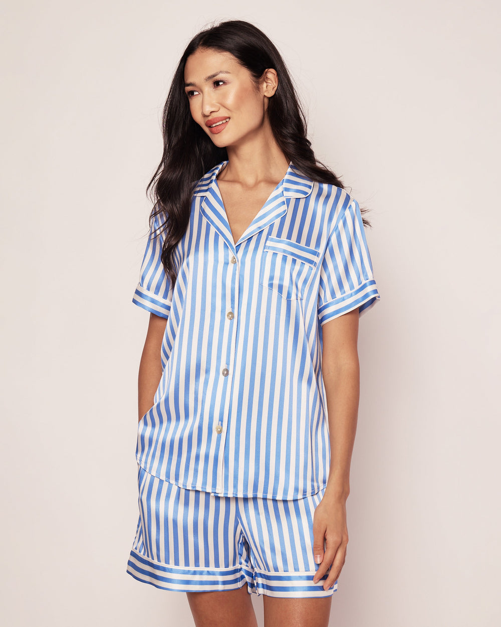 Women's Mulberry Silk Azure Stripe Short Set | Petite Plume | Over The Moon