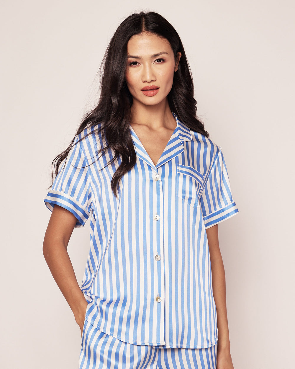 Women's Mulberry Silk Azure Stripe Short Set | Petite Plume | Over The Moon