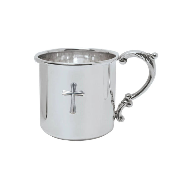 Sterling Silver Scroll Handle Baby Cup with Cross | Over The Moon