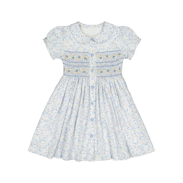 Violette Floral Blue Short Puff Smocked Dress | Over The Moon