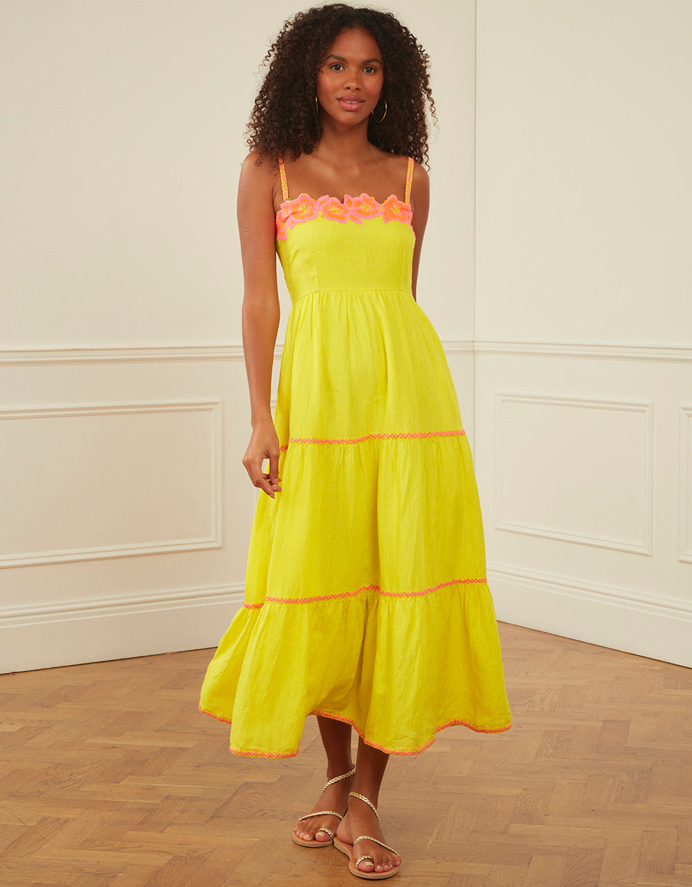 Embroidered Lemon Linen Loretta Dress | Over The Moon