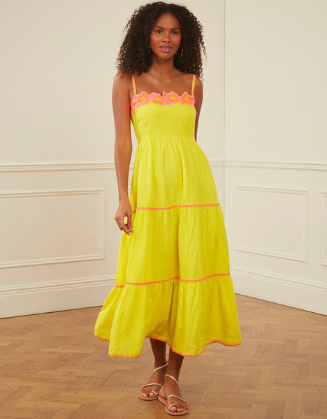 Embroidered Lemon Linen Loretta Dress | Over The Moon