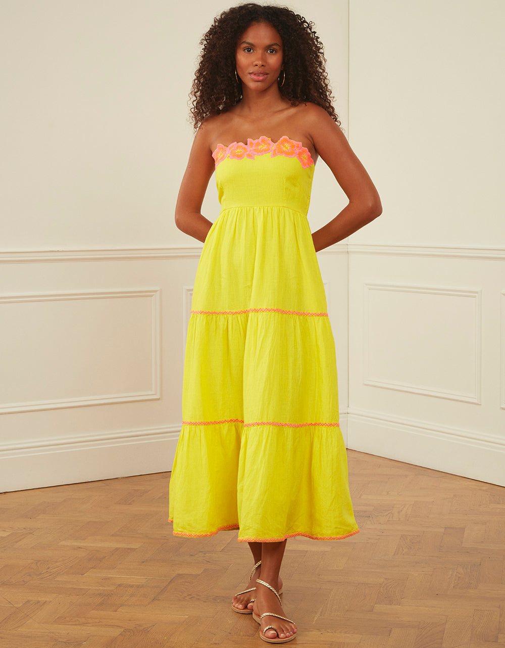 Embroidered Lemon Linen Loretta Dress | Over The Moon