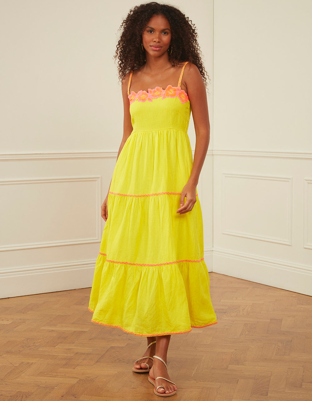 Embroidered Lemon Linen Loretta Dress | Over The Moon