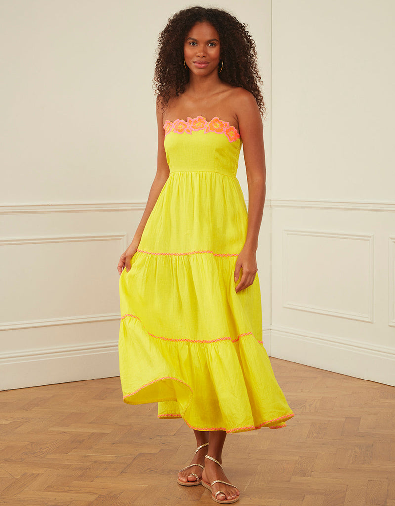 Embroidered Lemon Linen Loretta Dress | Over The Moon