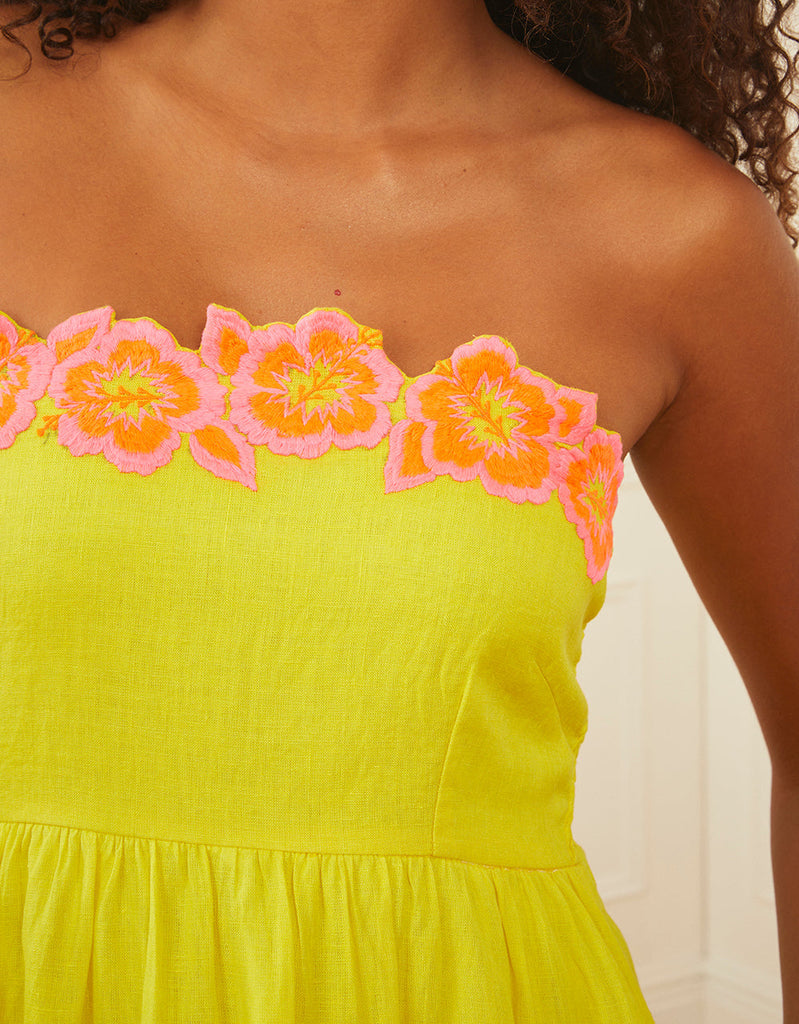 Embroidered Lemon Linen Loretta Dress | Over The Moon