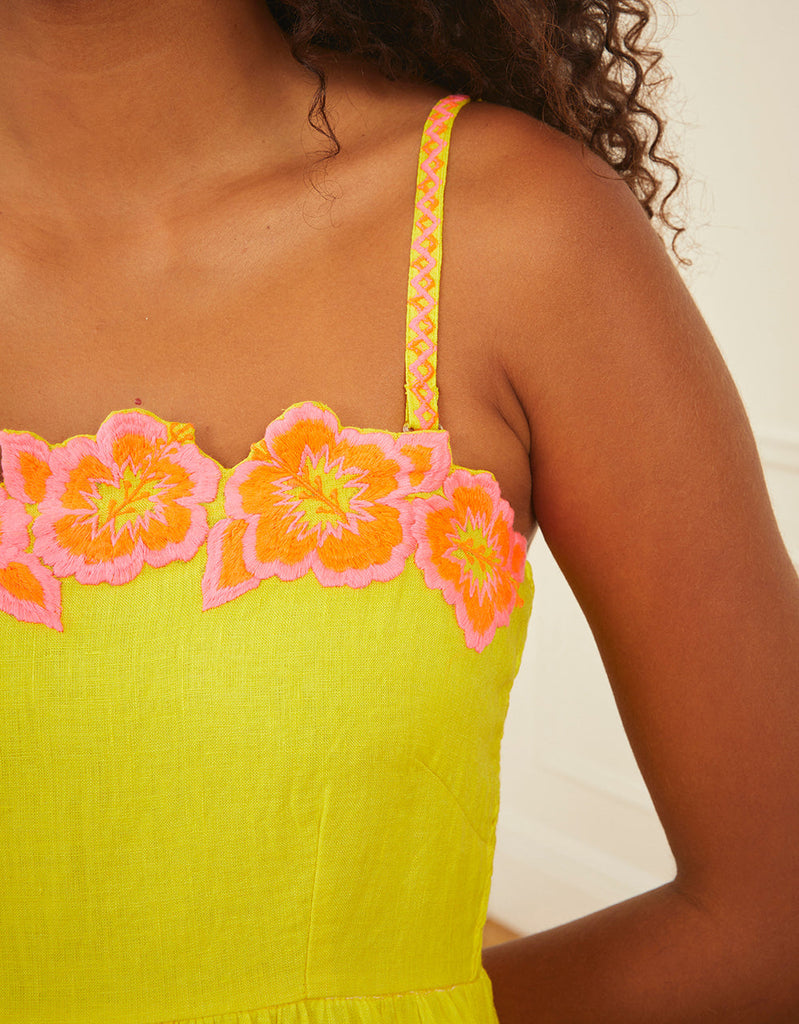 Embroidered Lemon Linen Loretta Dress | Over The Moon