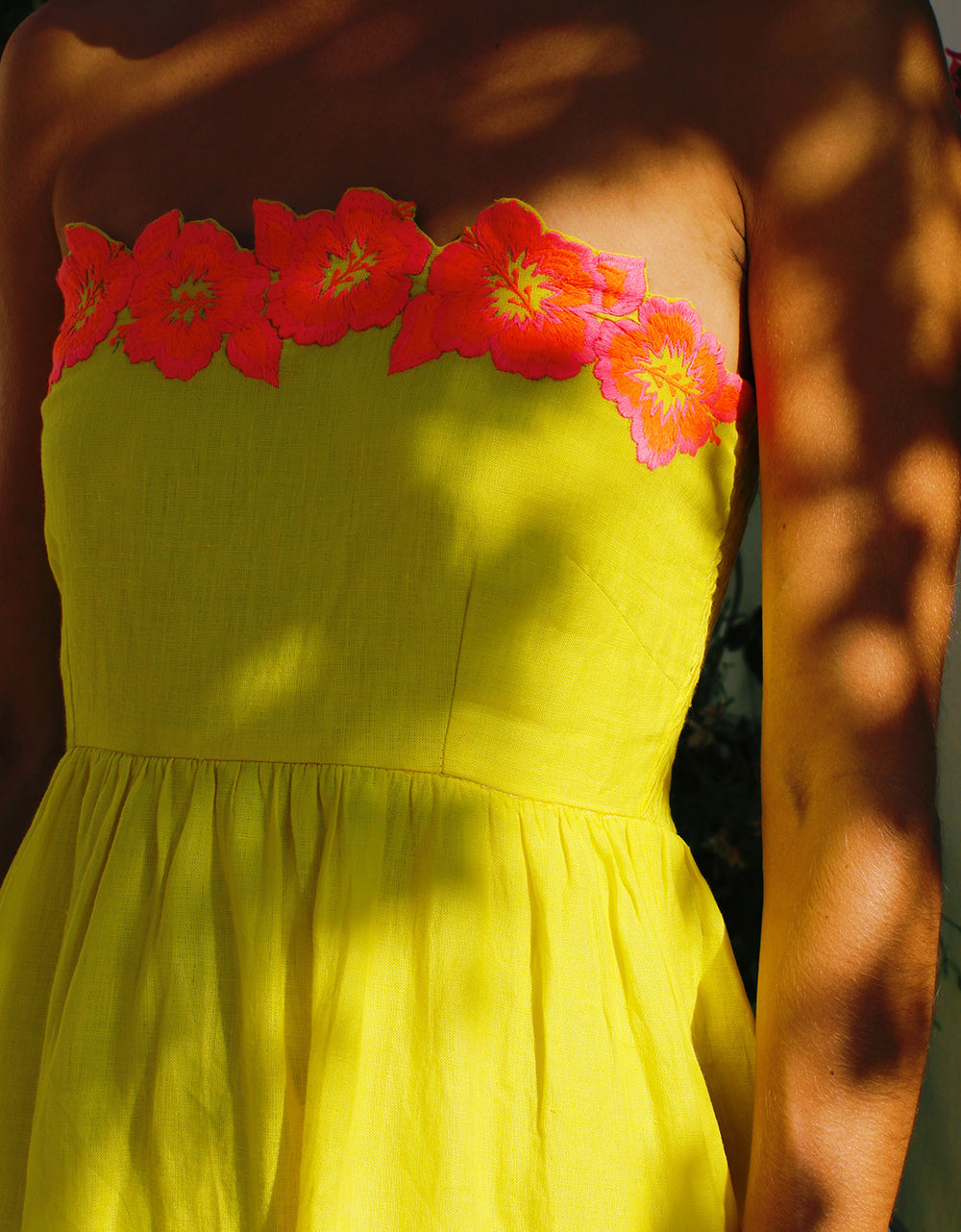 Embroidered Lemon Linen Loretta Dress | Over The Moon