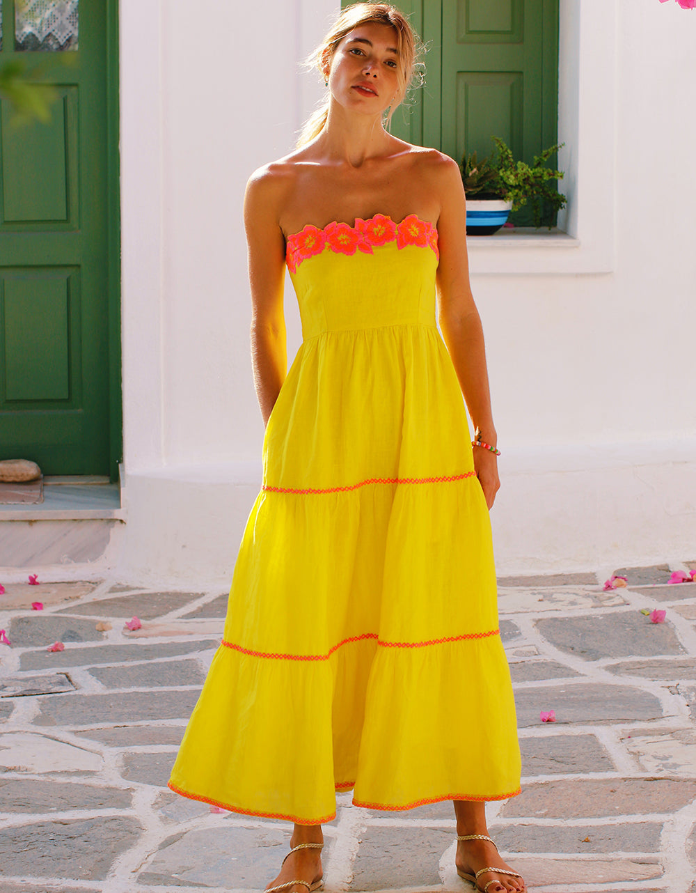 Embroidered Lemon Linen Loretta Dress | Over The Moon
