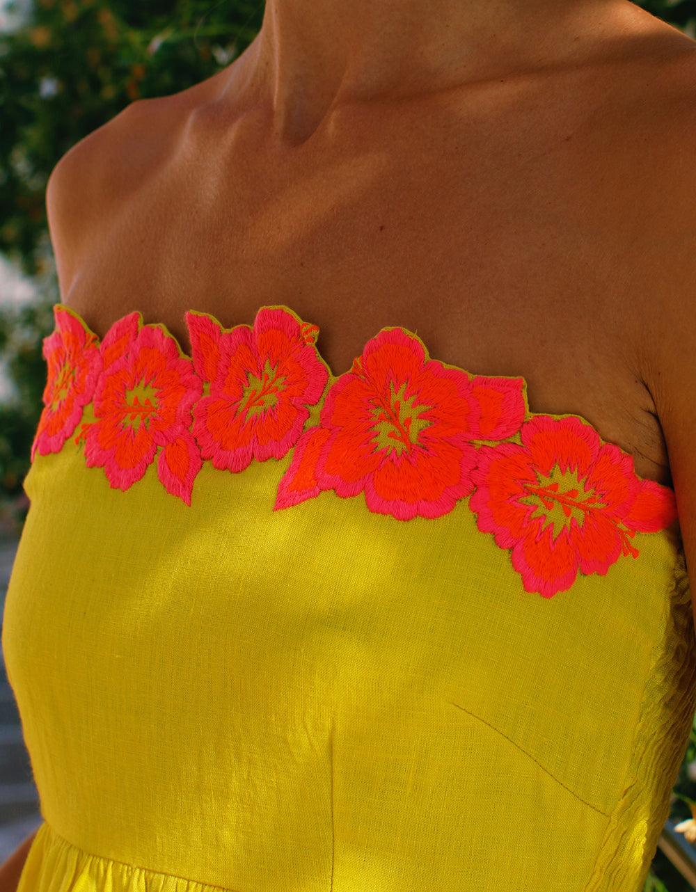 Embroidered Lemon Linen Loretta Dress | Over The Moon
