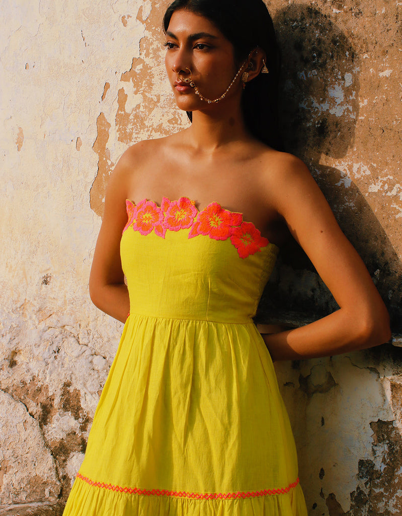 Embroidered Lemon Linen Loretta Dress | Over The Moon