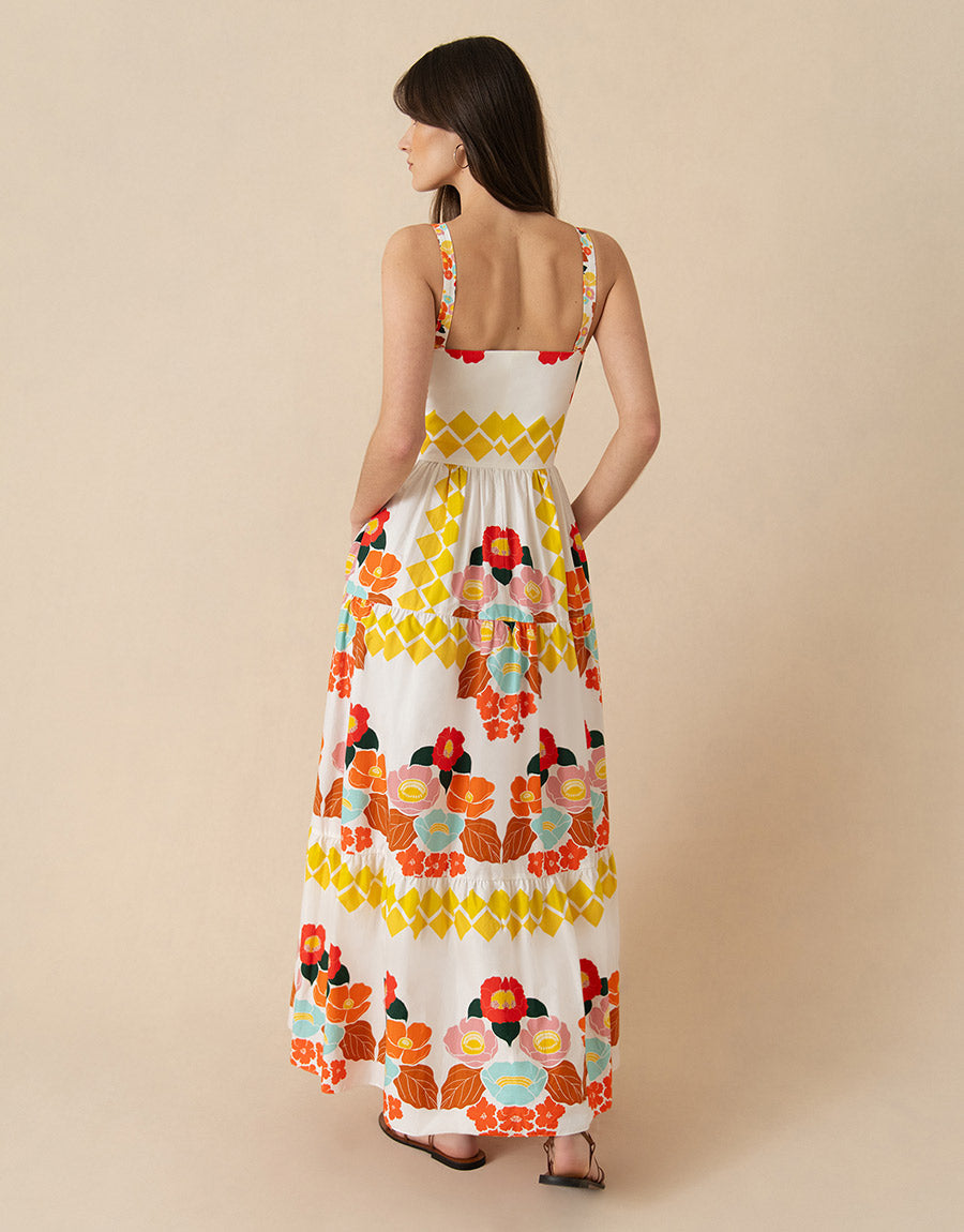 Jimena Cotton Maxi Dress in Astro Flower White | Over The Moon