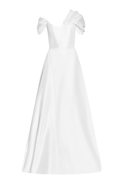 Edith White Silk Asymmetric Drape Shoulder Gown | Over The Moon