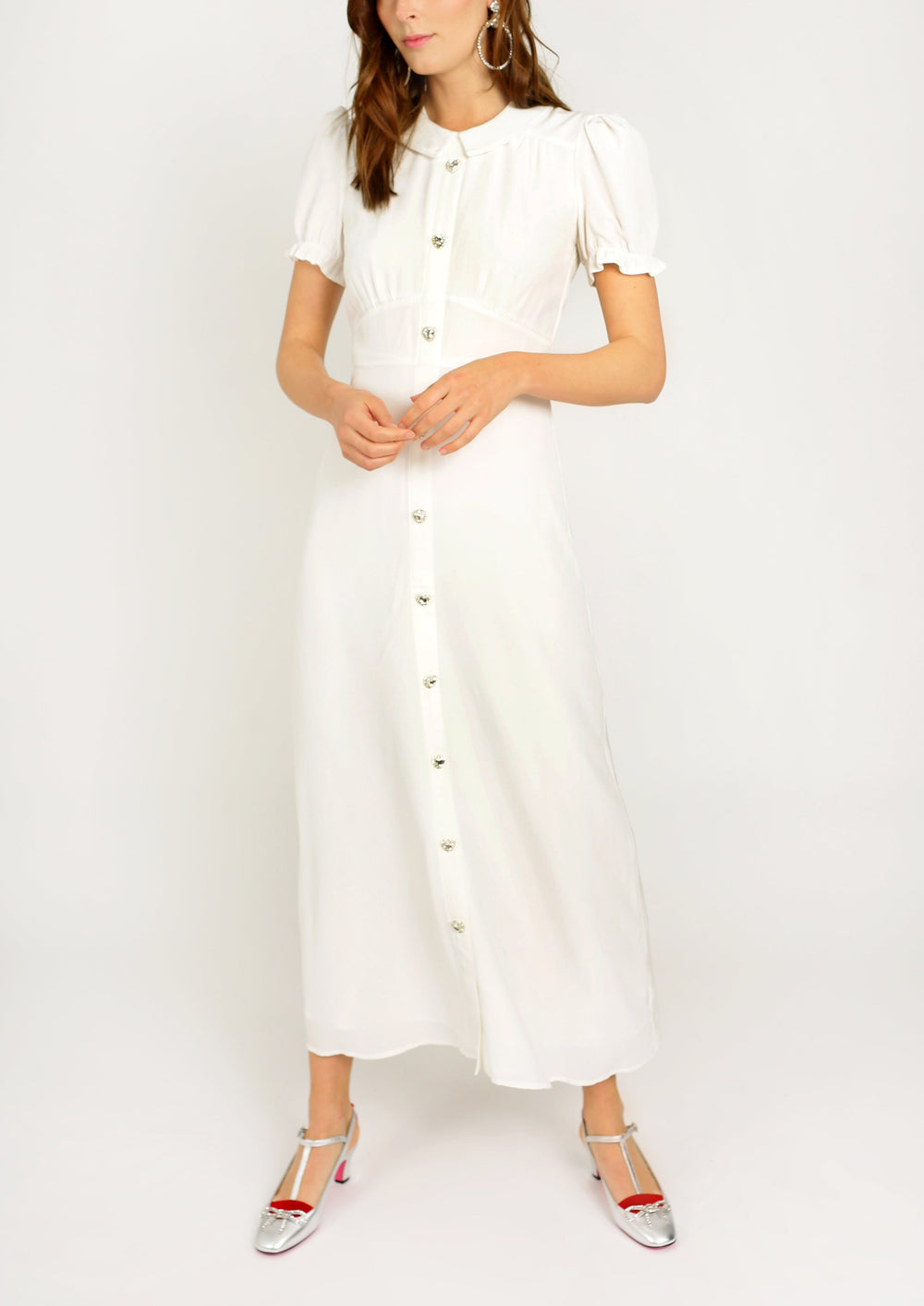Riley Dress w. Collar - White w. Crystal Heart Buttons | Over The Moon