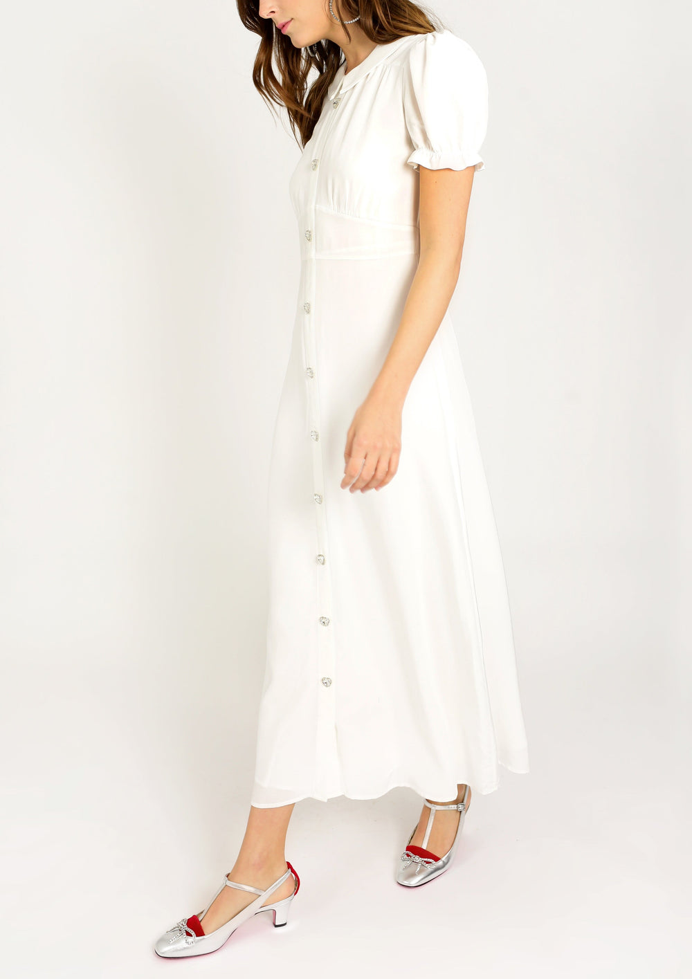 Riley Dress w. Collar - White w. Crystal Heart Buttons | Over The Moon