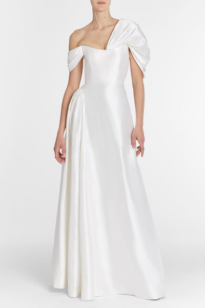 Edith White Silk Asymmetric Drape Shoulder Gown | Over The Moon
