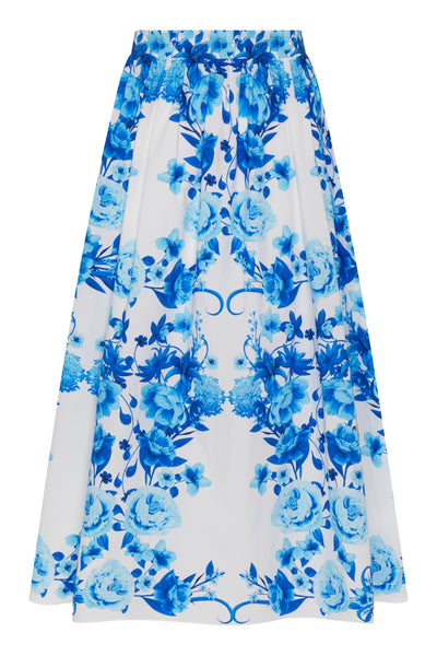 Rhea Midi Skirt in Antheia Blue Placement | Over The Moon