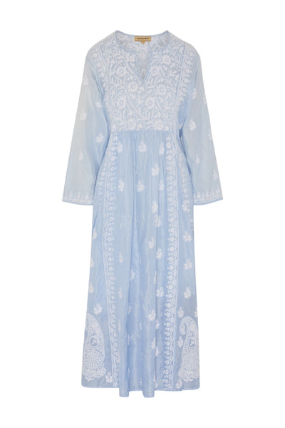 Silk Embroidered Dress in Light Blue | Over The Moon