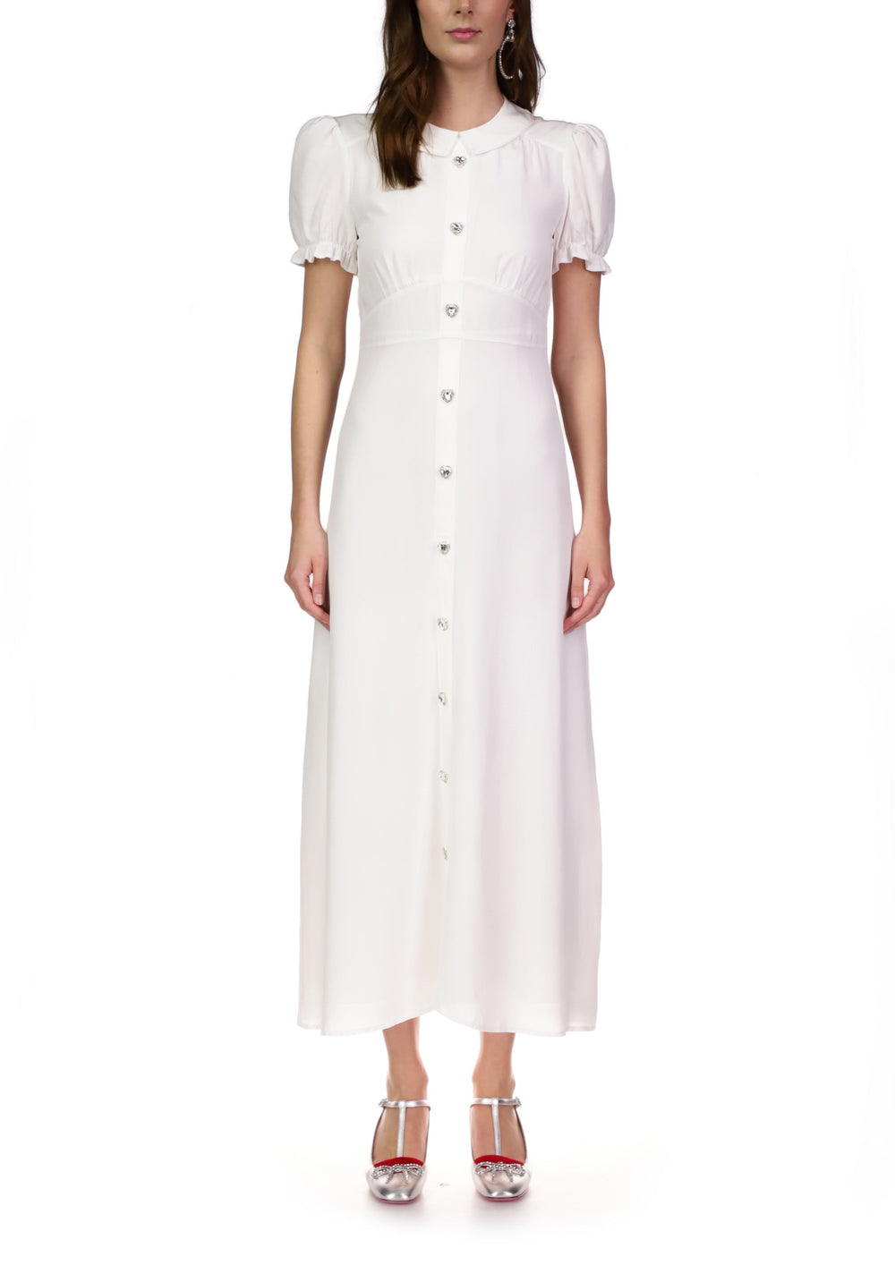 Riley Dress w. Collar - White w. Crystal Heart Buttons | Over The Moon